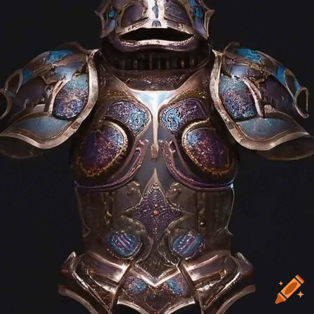 Front view of intricately designed magic body armor on Craiyon