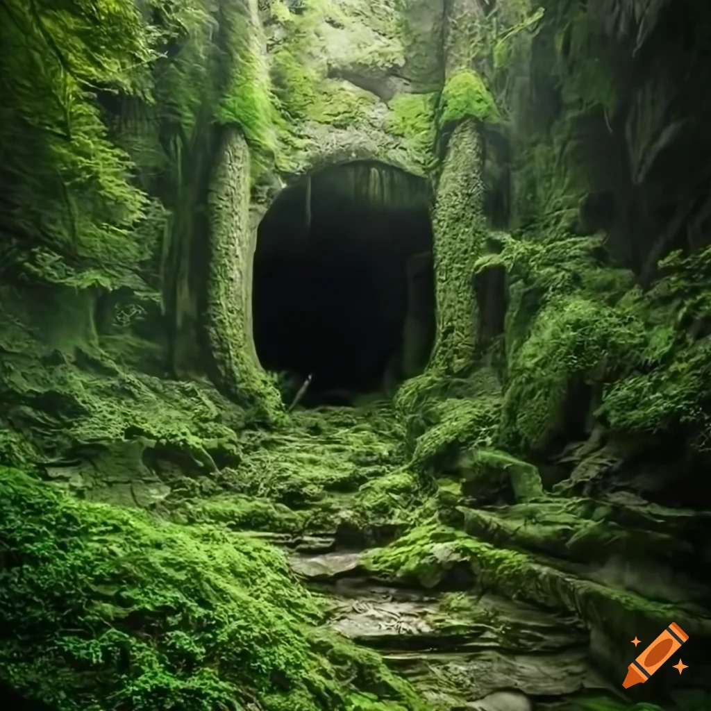 Overgrown magical secluded grove with cave entrance and mysterious ruins on Craiyon