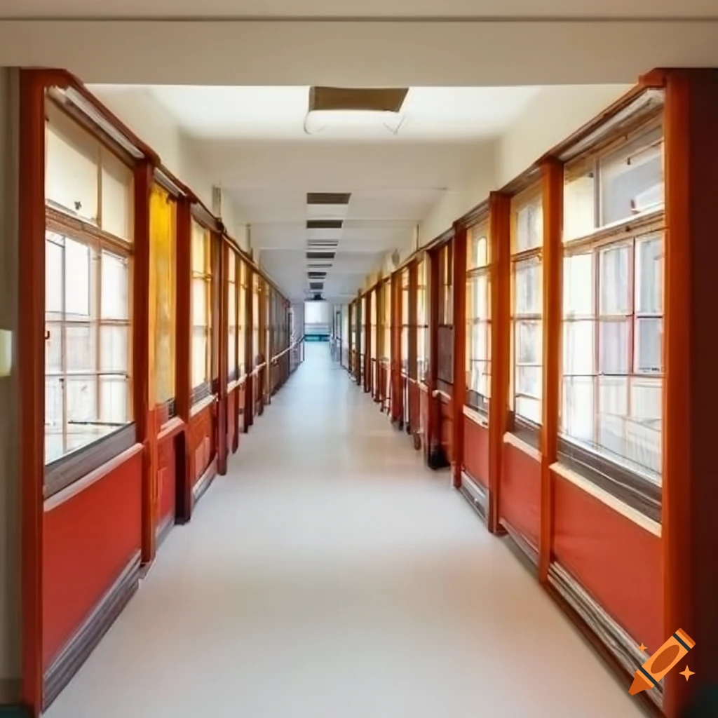 School corridor with classrooms and a hall on Craiyon