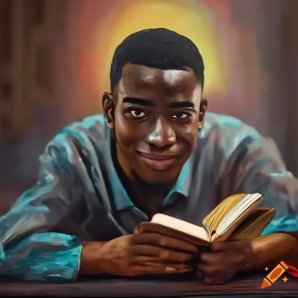 Black guy studying on a library floor surrounded by books on Craiyon