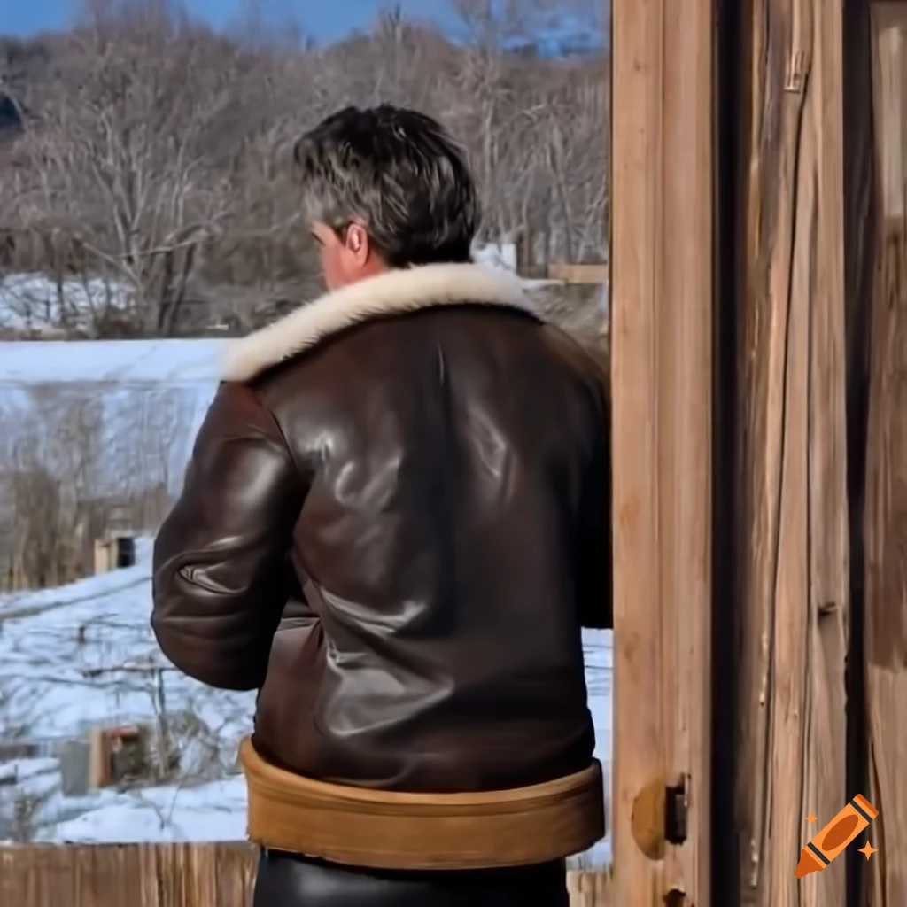 Actor resembling Eric Roberts at 20 in a sheepskin bomber jacket and black leather trousers ...