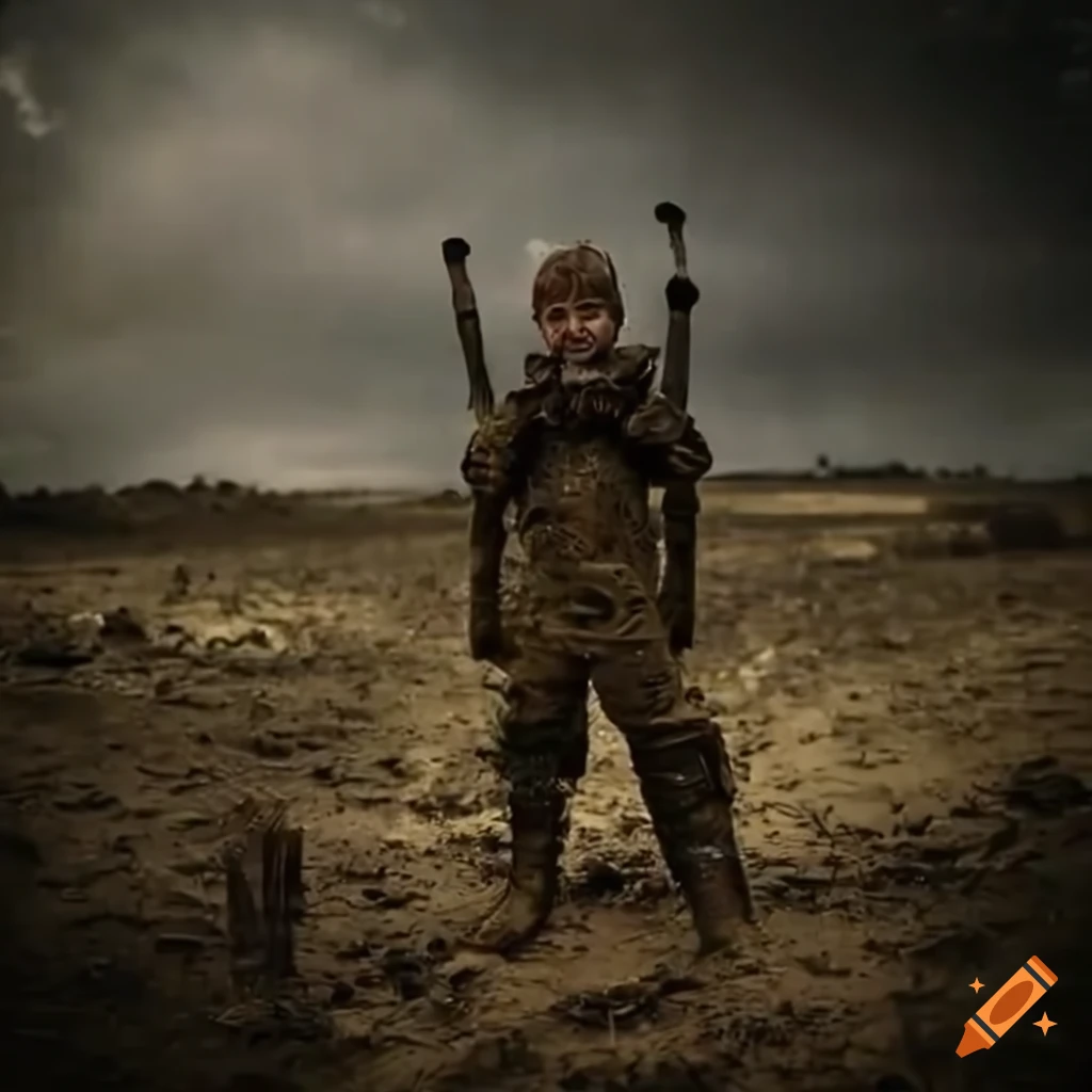 Boys in waders and body armour in a post-apocalyptic wasteland on Craiyon
