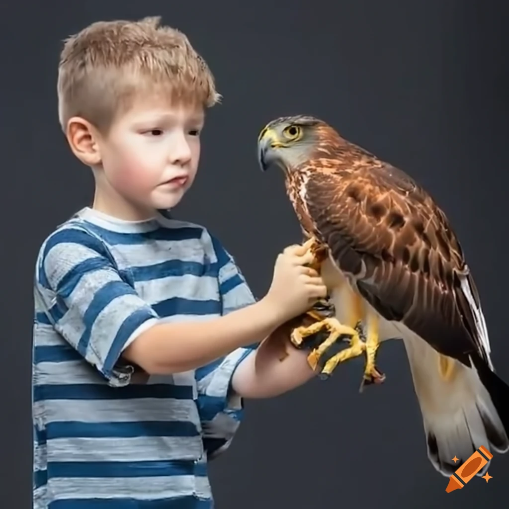 Boy bonding with hawk on his arm on Craiyon
