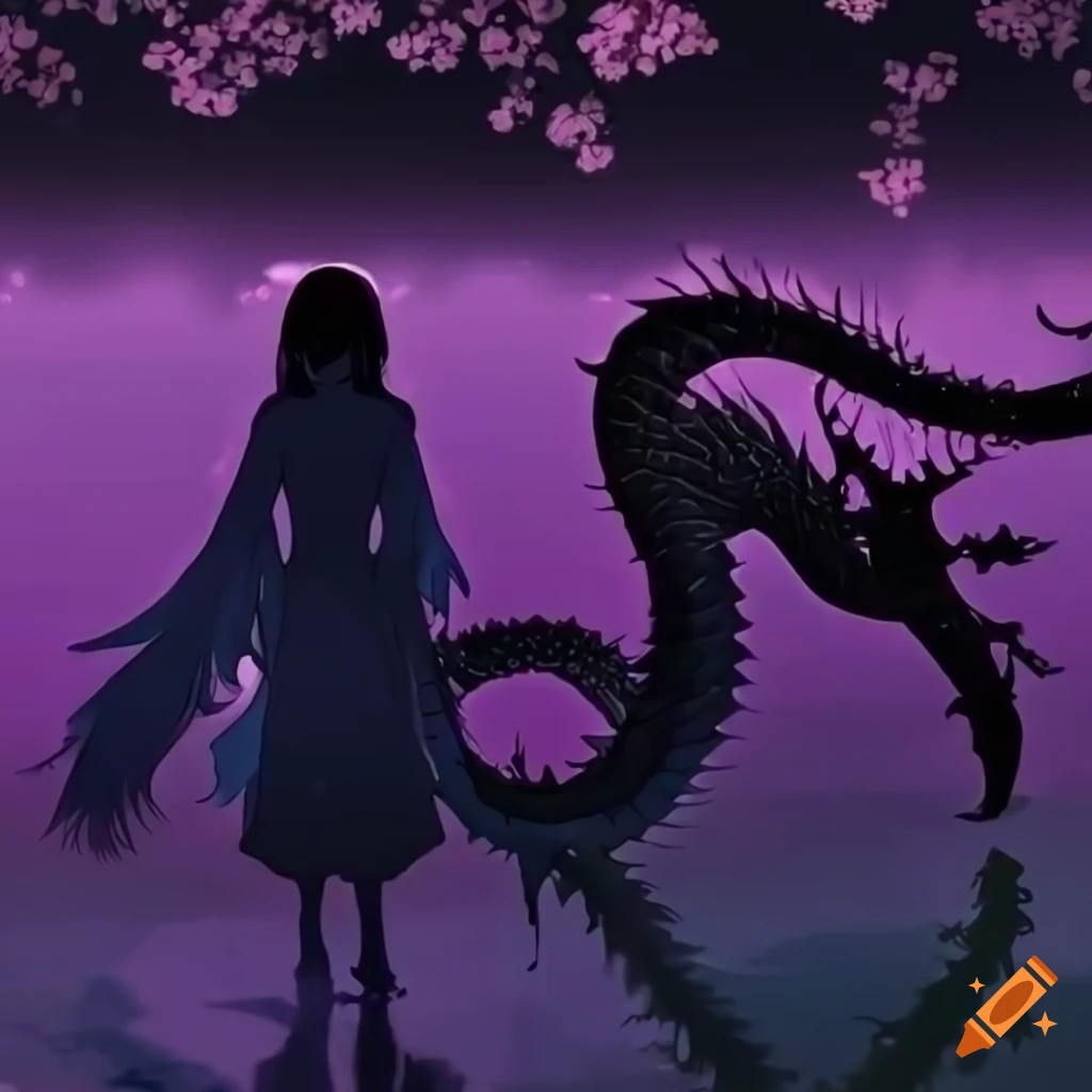 Silhouette of a woman with dual purple japanese dragons by a lake and ...