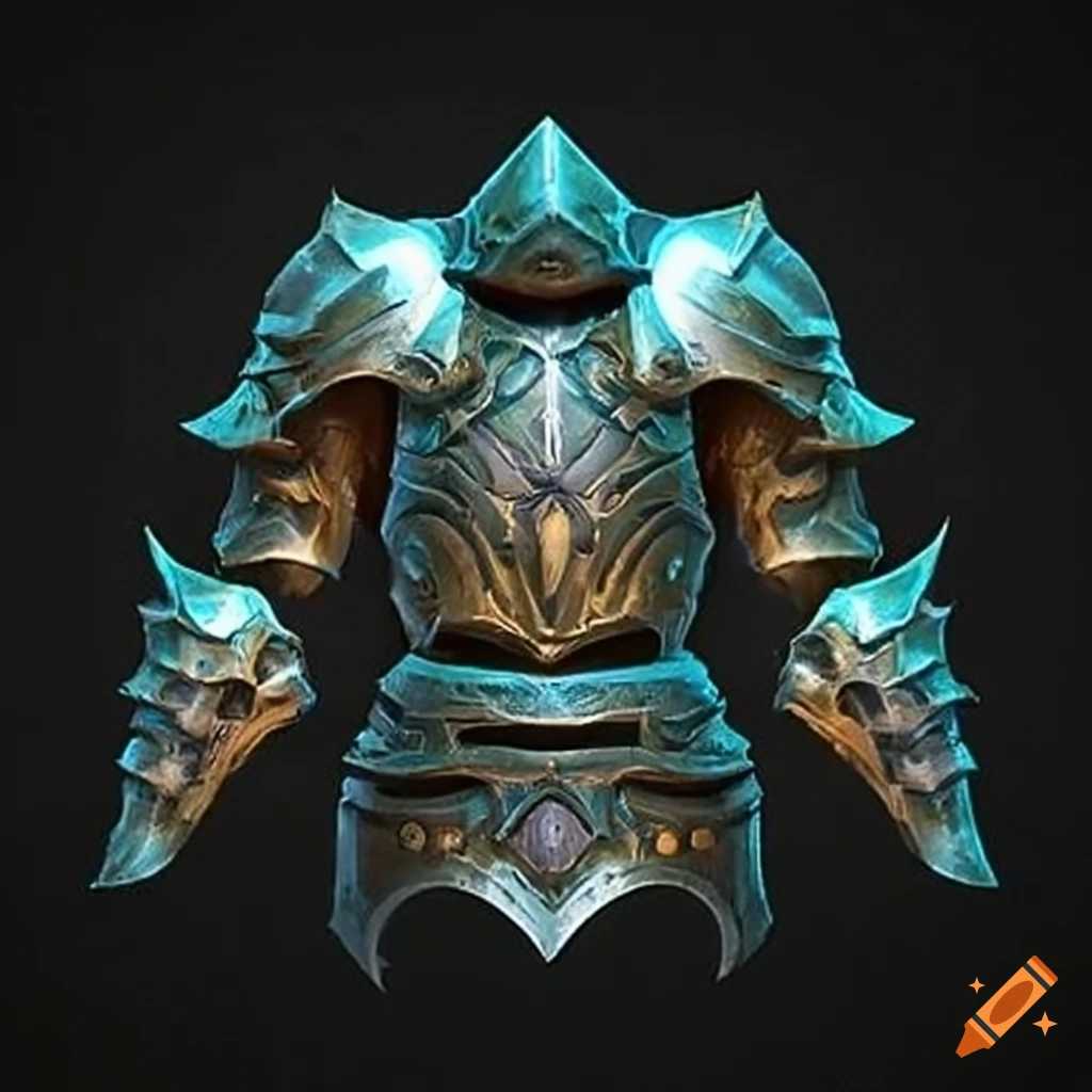 Adorned heavy armor front view in a magical setting on Craiyon