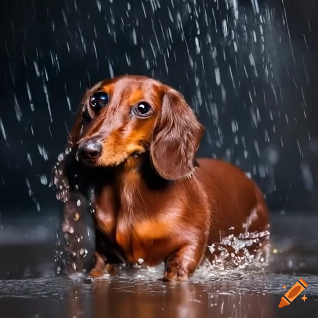 Playful red miniature dachshund splashing in rain puddles on Craiyon