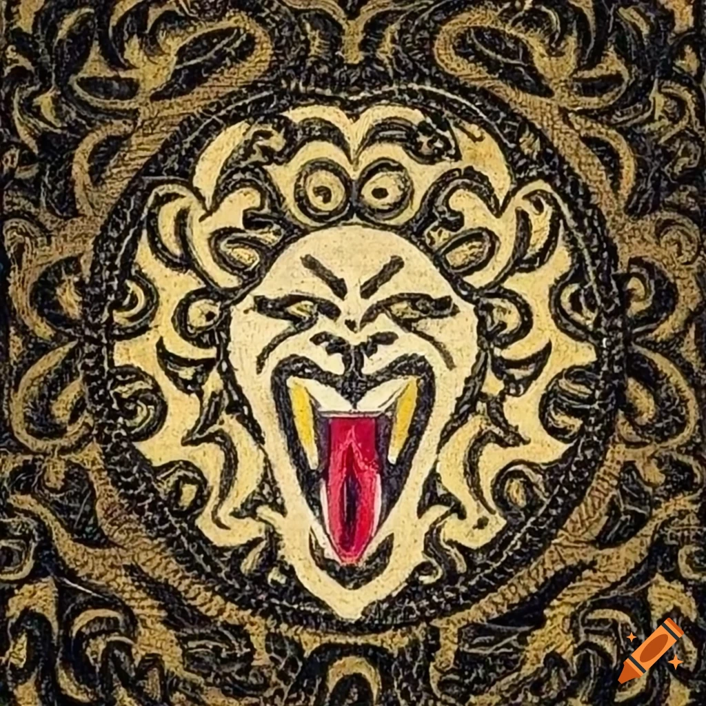 Heraldic gorgoneion portrait with elongated tongue and sharp fangs on ...