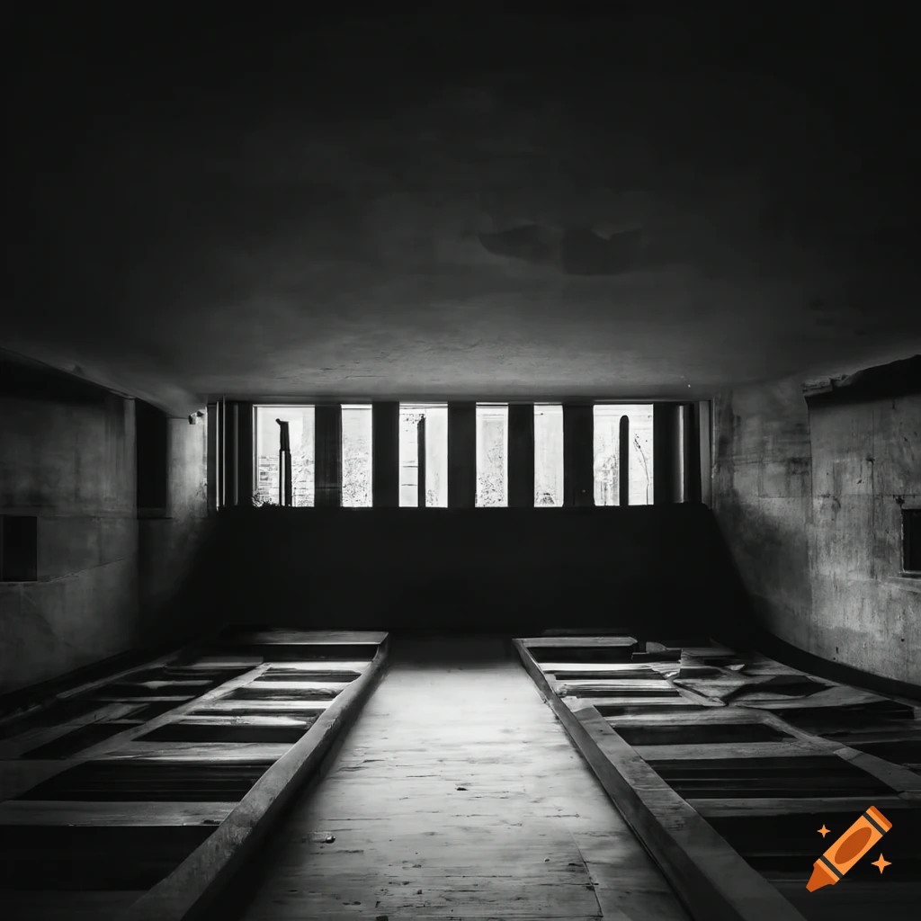 Interior of a modern brutalist stronghold in monochrome on Craiyon