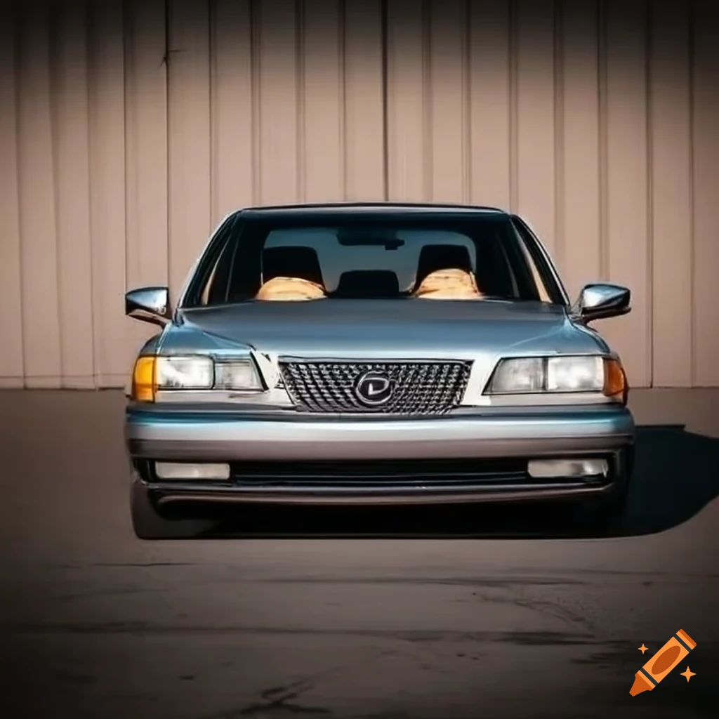 Old gray Lexus LS 400 in sunlight in front of a garage on Craiyon