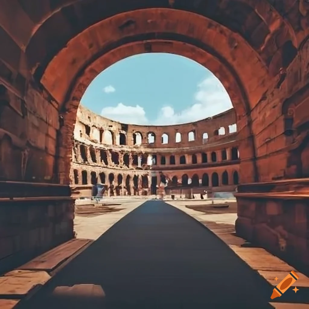 View of the coliseum inside the arena through an arched entrance on Craiyon