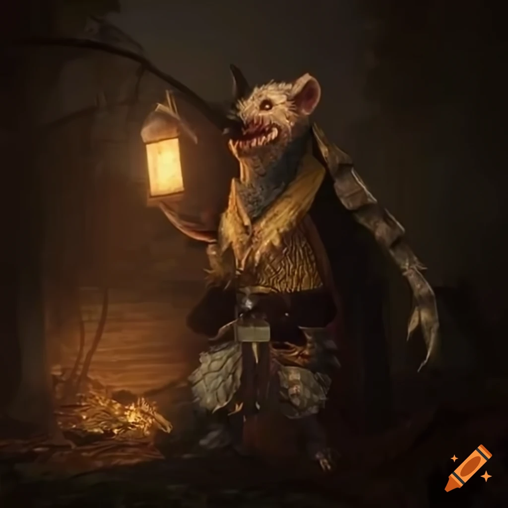 Old ratfolk male monster hunter with lantern in the woods on Craiyon