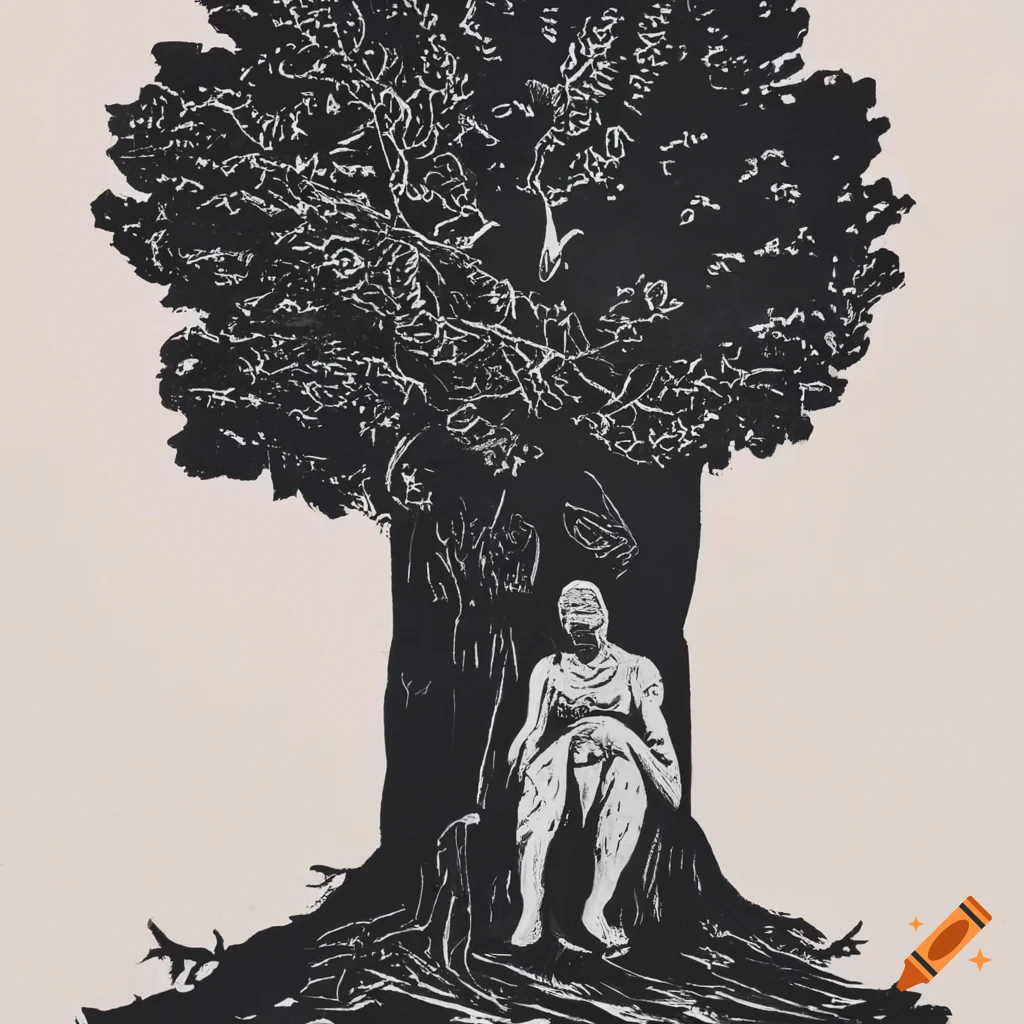 Man sleeping under a tree in a black and white linocut print on Craiyon