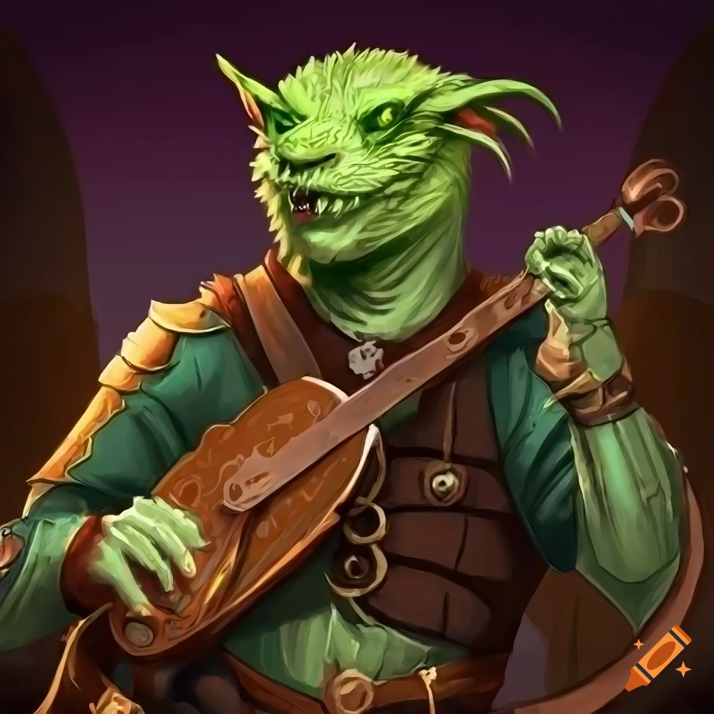 Digital art portrait of a green dragonborn bard character in steampunk ...