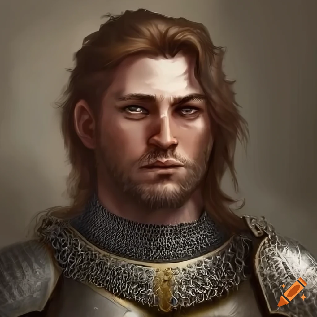 Portrait of a male paladin with long brown hair in chain mail armor on ...