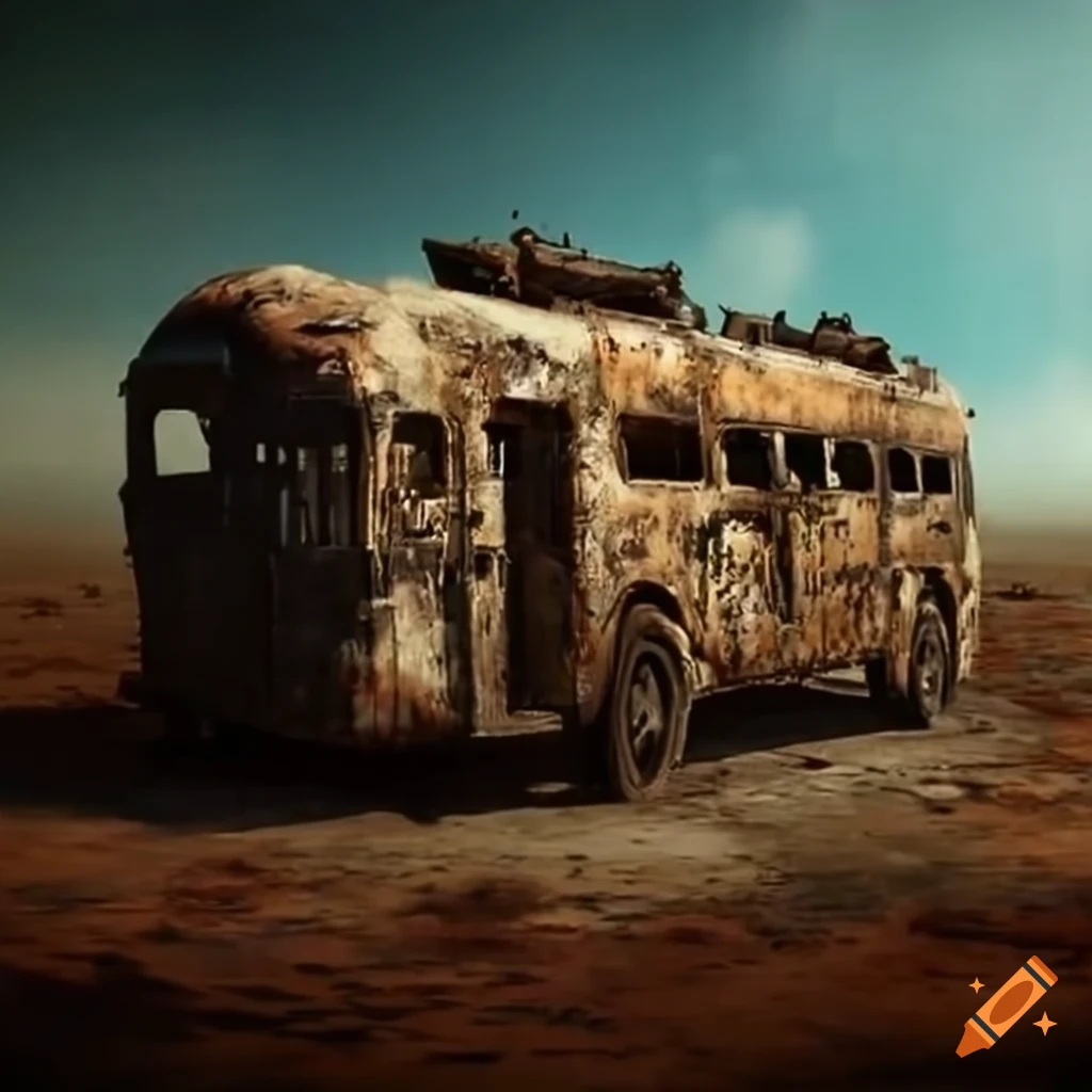 Post apocalyptic bus covered in weapons in a wasteland on Craiyon