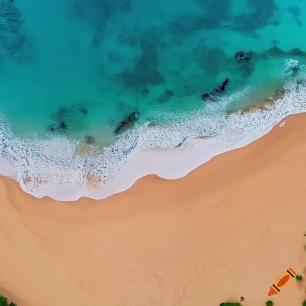 Aerial view of beach with sand and ocean on Craiyon