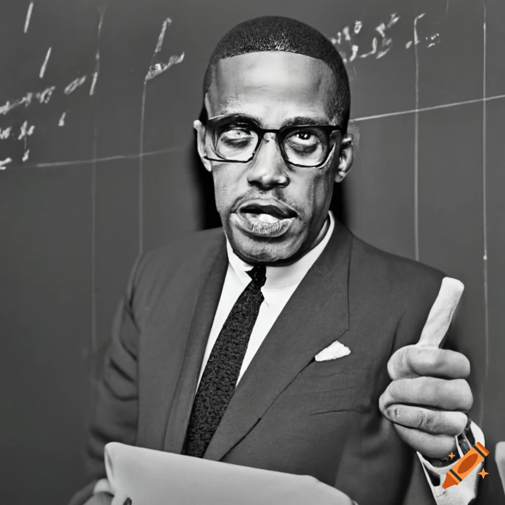 Malcolm X with chalk in front of a chalkboard with calculus equations ...