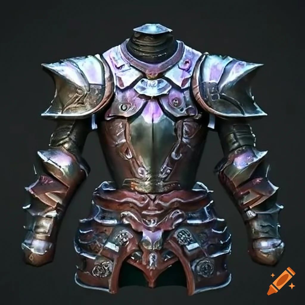 Close front view of intricately designed heavy magic body armor on Craiyon