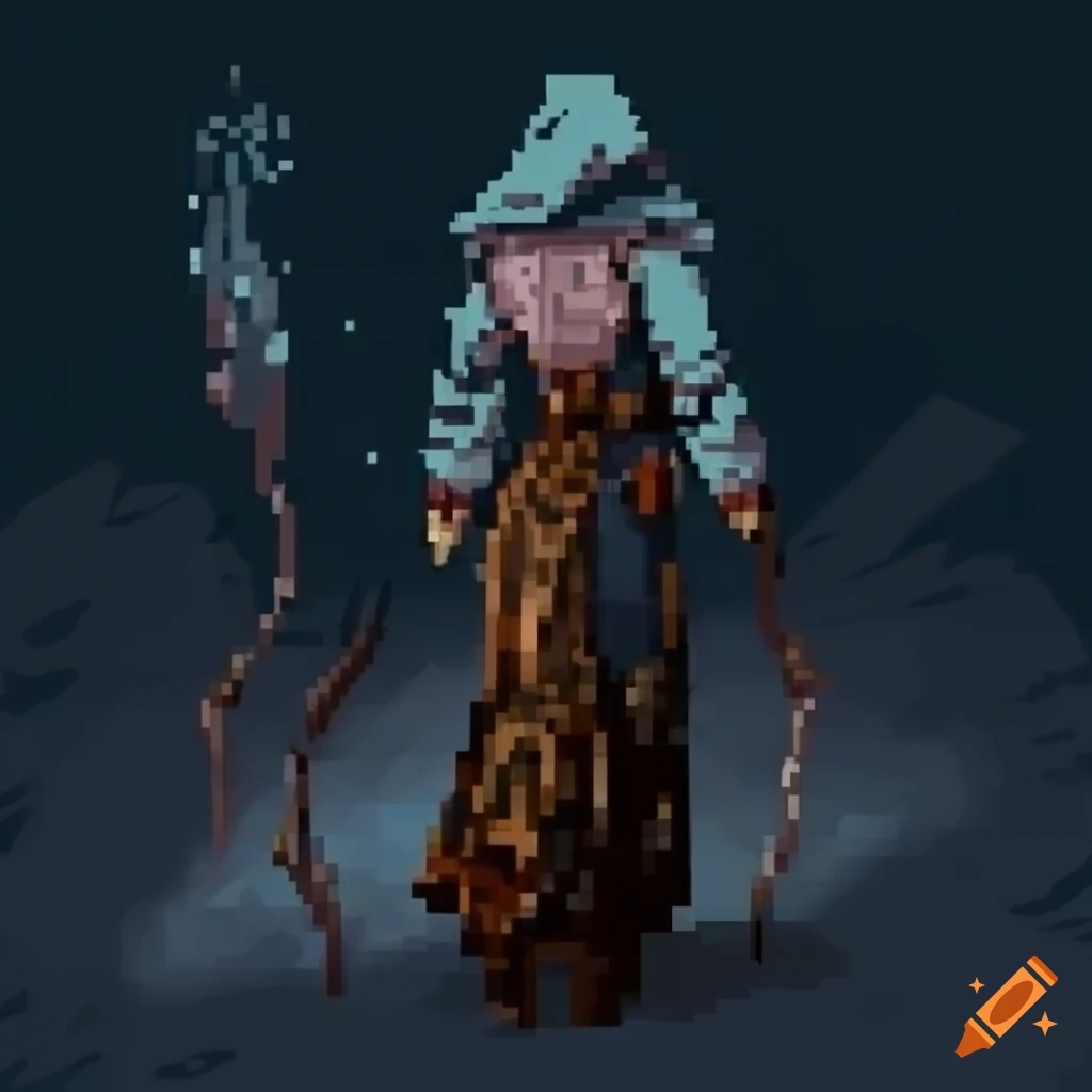 Pixel art of a neophyte mage in tattered robes seen from behind on Craiyon