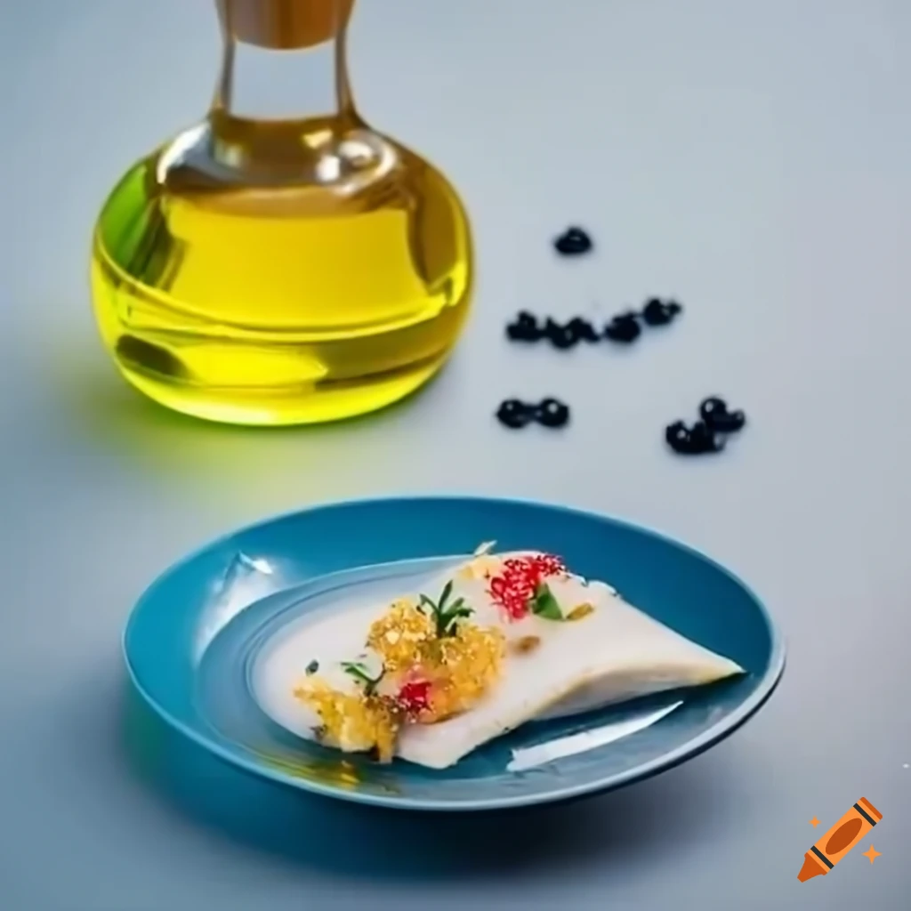 Gourmet dish of thinly sliced white raw fish with caviar and fennel on ...
