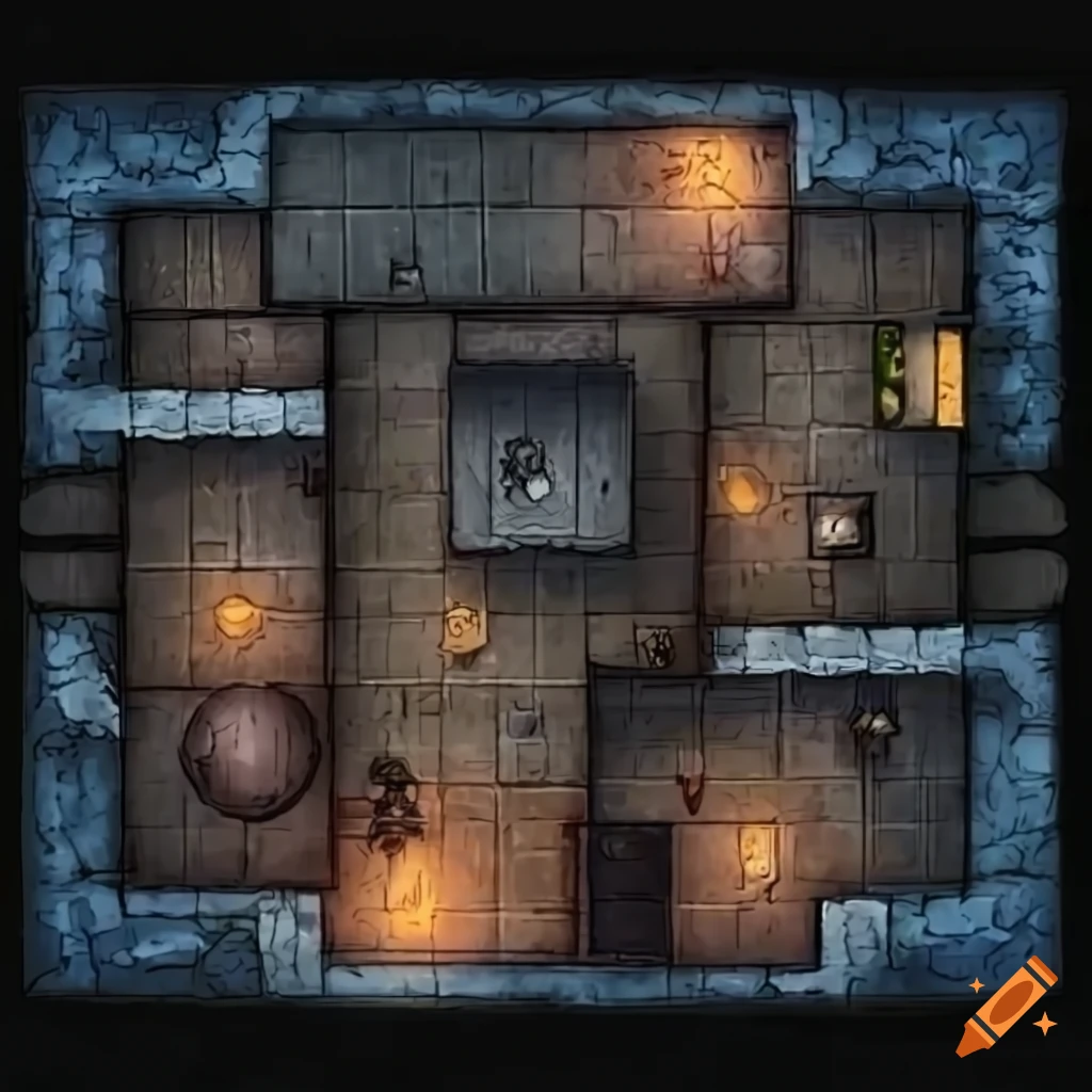 Dungeon rpg prison cell building with multiple rooms map from a top-down view on Craiyon