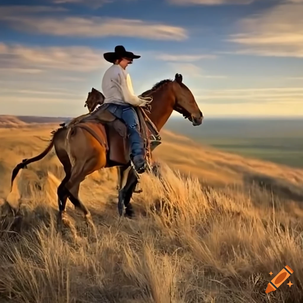 Cowboy riding horse in beautiful countryside on Craiyon