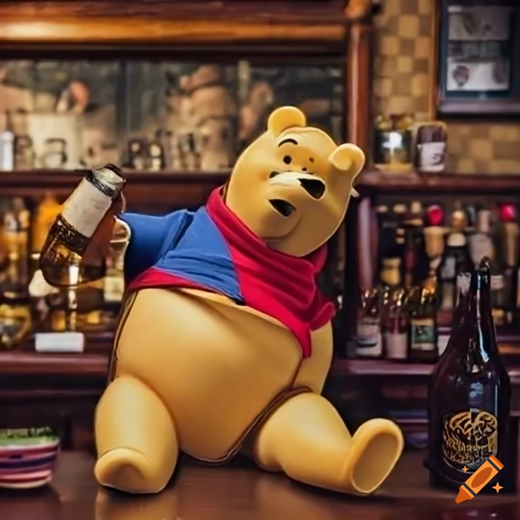 Winnie the pooh in a pub looking drunk and messy on Craiyon