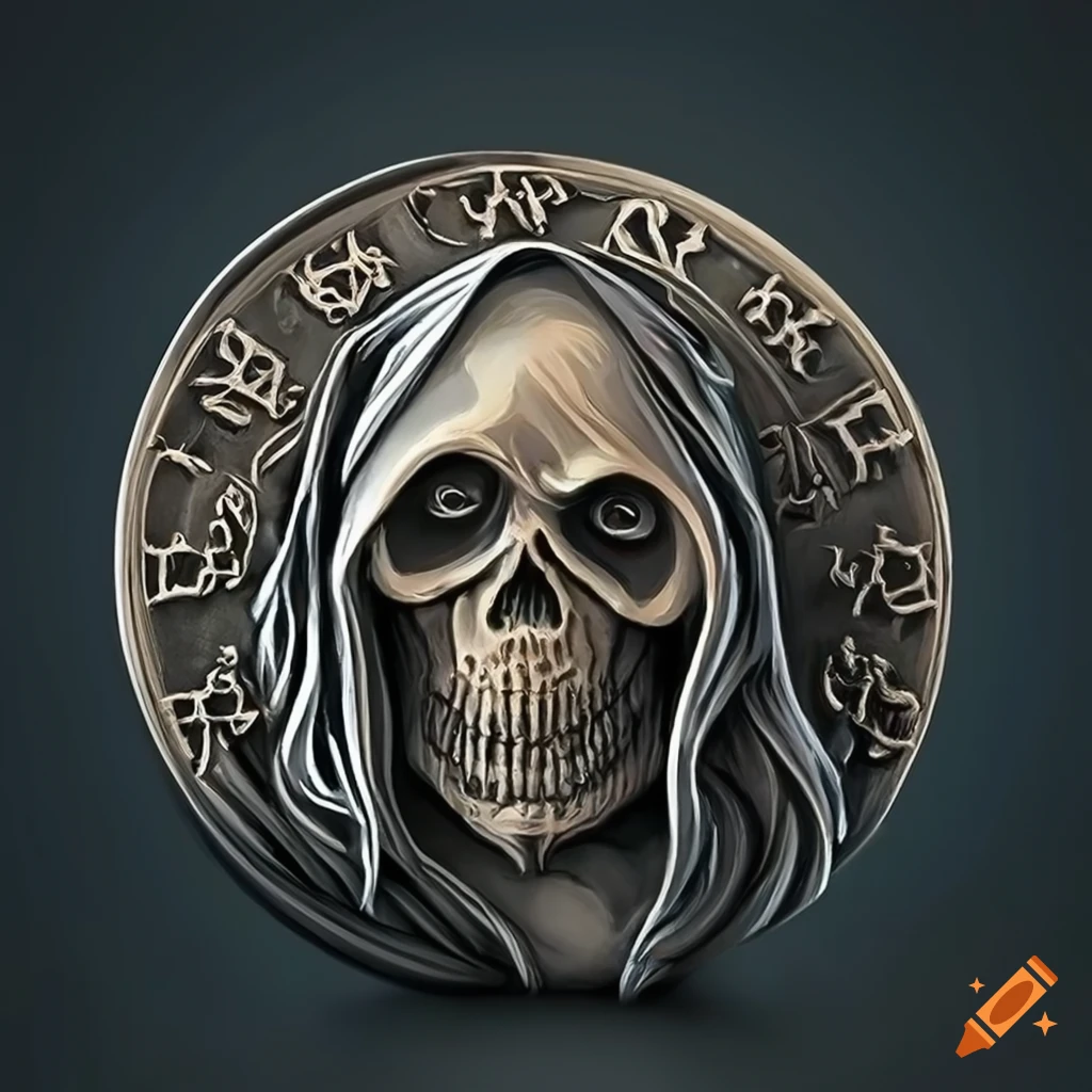 Detailed engraved coin design featuring the grim reaper on Craiyon