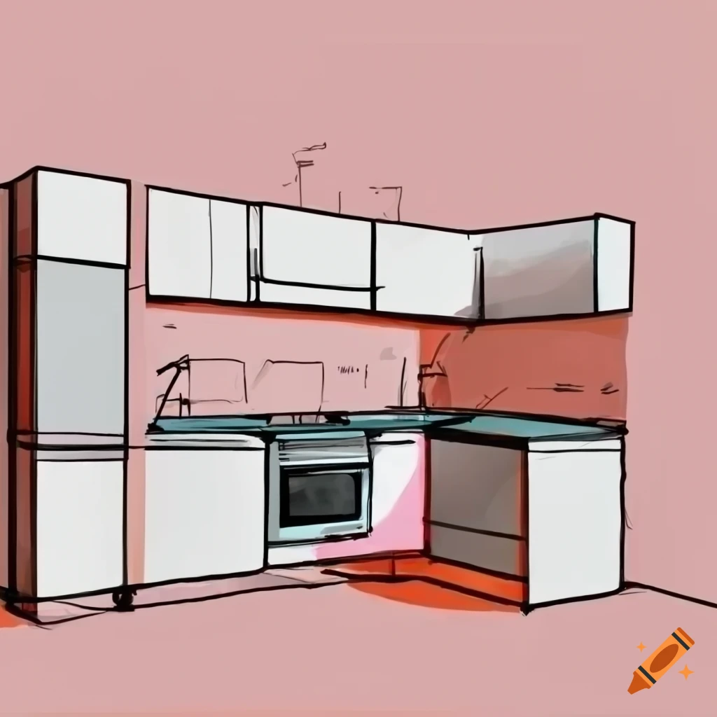Detailed one-point perspective drawing of a modern kitchen with ...