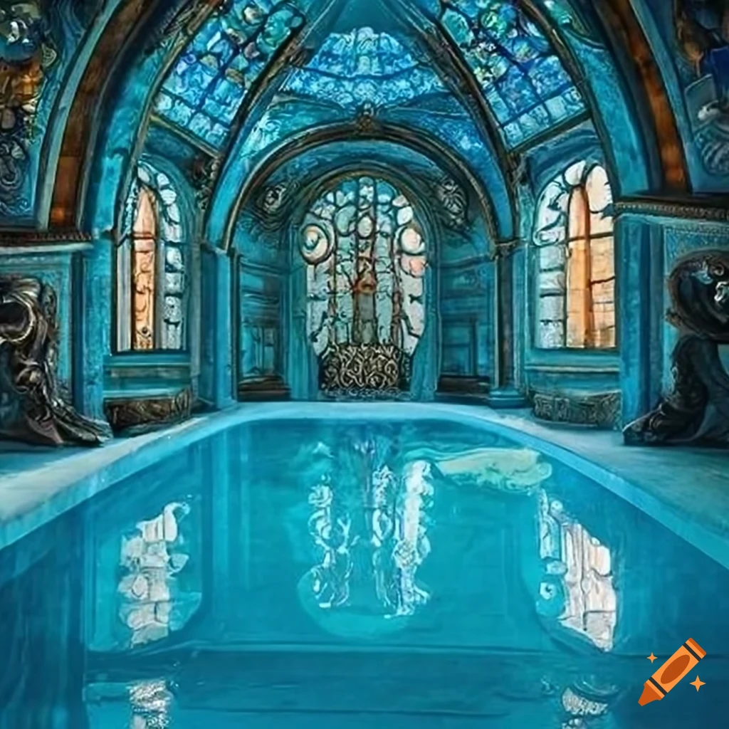 Extravagant medieval castle poolroom with bubbles and stained-glass ...