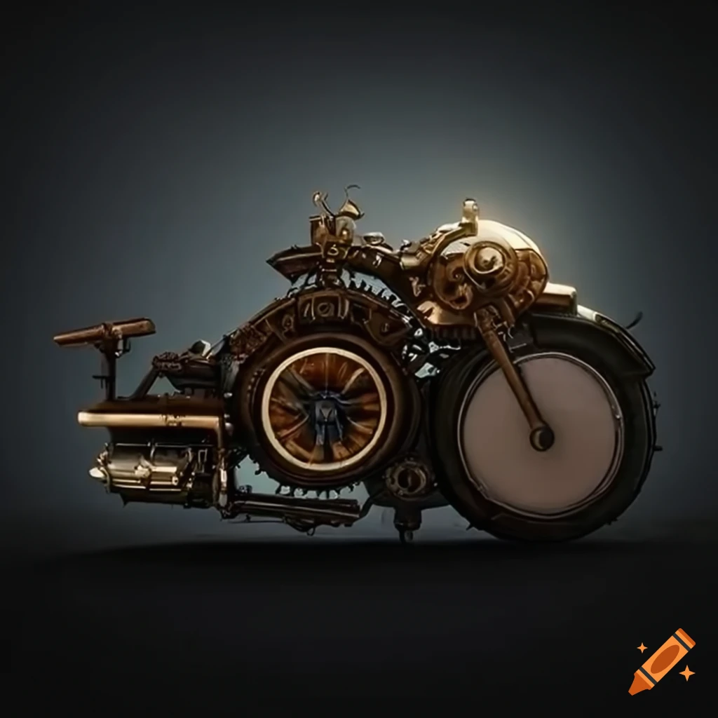 Mecha solarpunk steampunk motorcycle in black field with dramatic ...