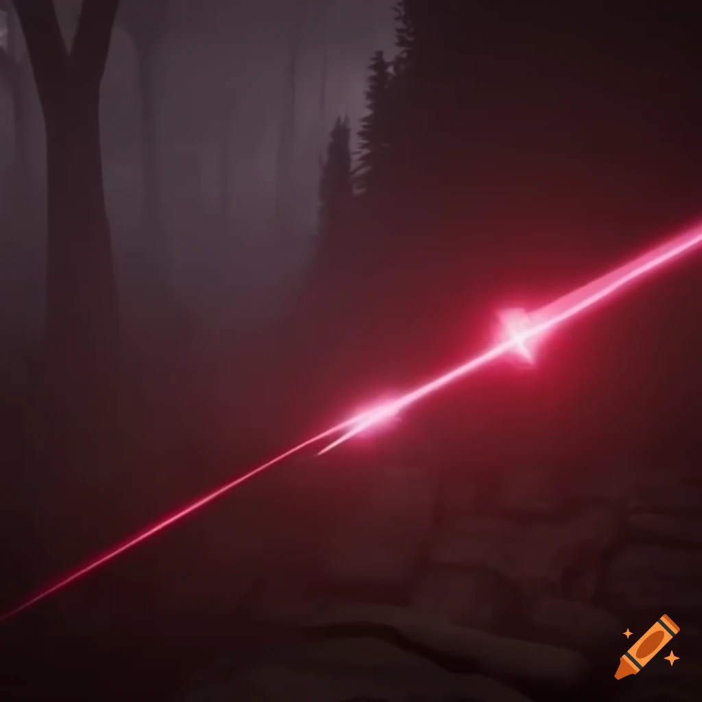 Red-pink laser spark beam in a forest with fog on Craiyon