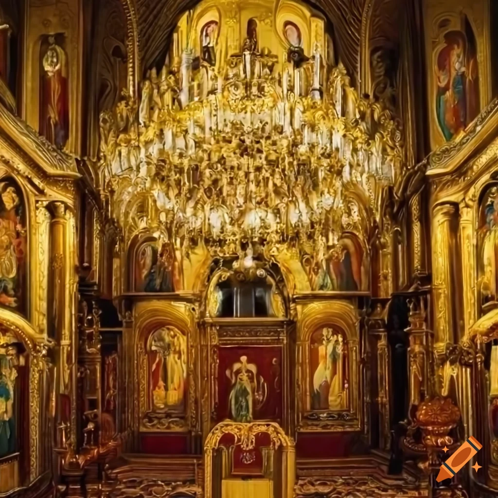 Interior of a grand orthodox church with gold-plated icons on Craiyon