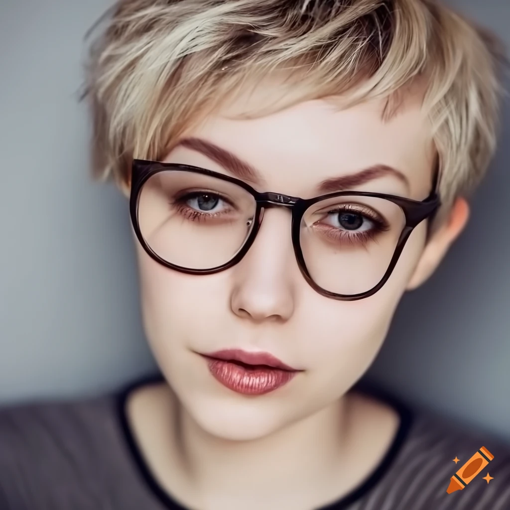 Portrait Of A Young Woman With Dark Blonde Pixie Cut Hair And Glasses On Craiyon