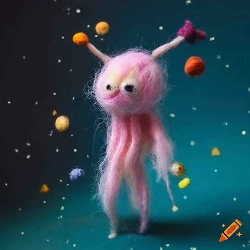 Felted wool space creatures in the cosmos on Craiyon