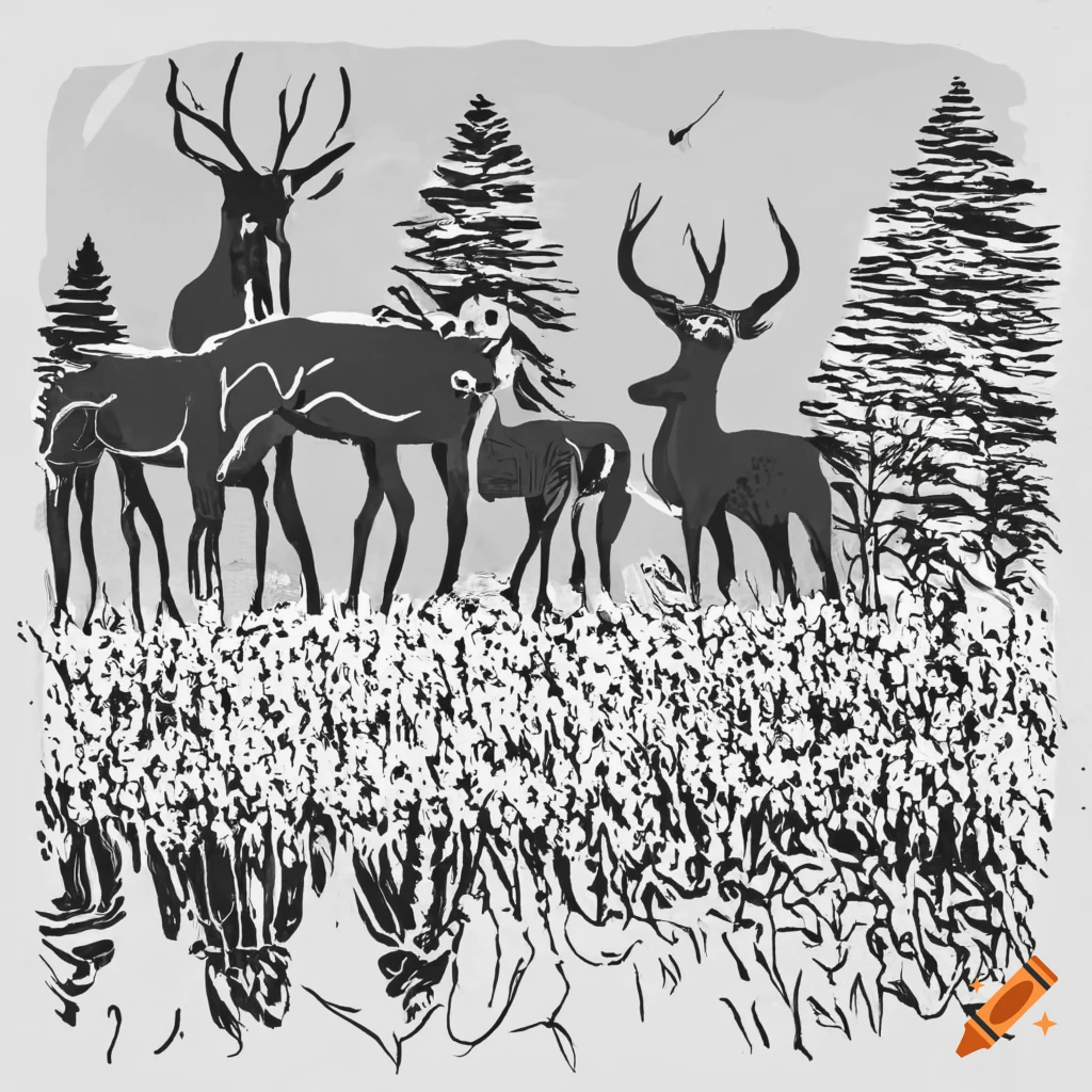 Black line art of men and a deer in a field album cover design on Craiyon