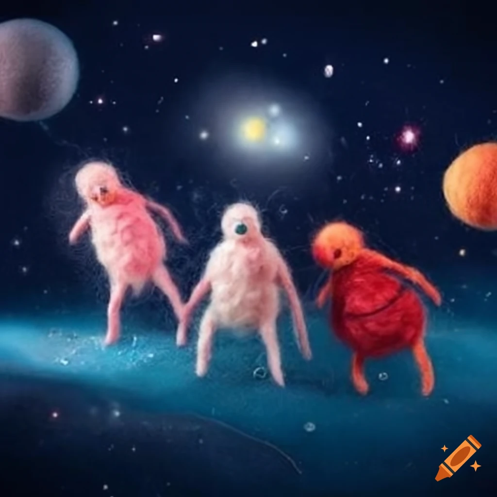 Felted wool space creatures in the cosmos on Craiyon