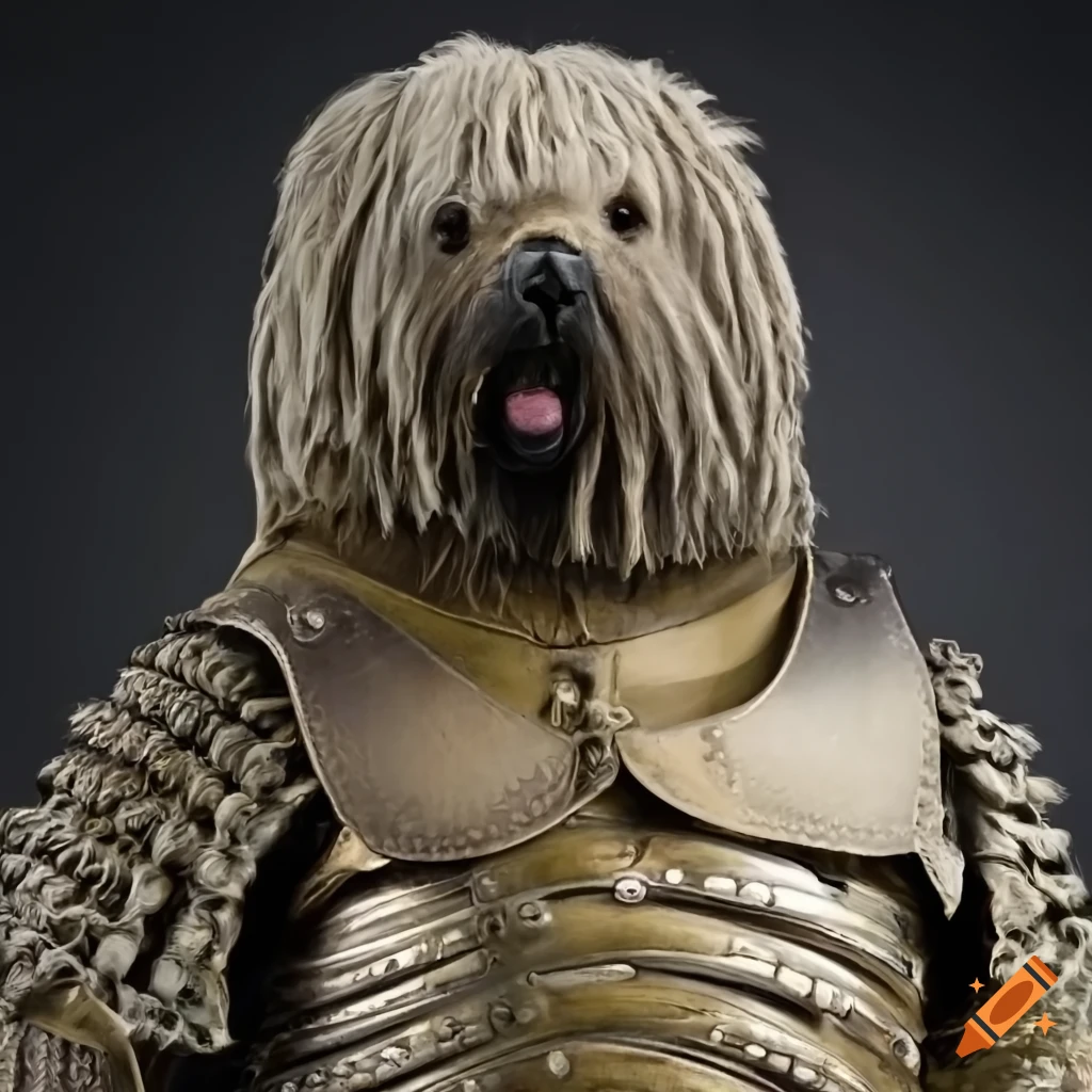 Komondor dog in chest plate armor on Craiyon