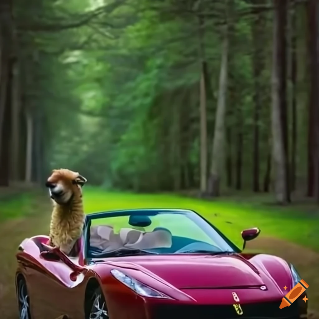 Alpaca driving a ferrari convertible on Craiyon