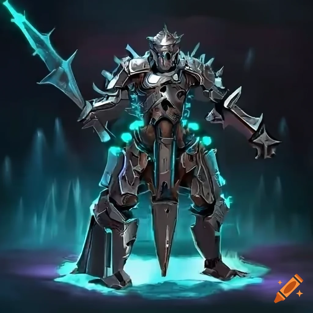 Metallic robot wielding a greatsword surrounded by magical energy on ...