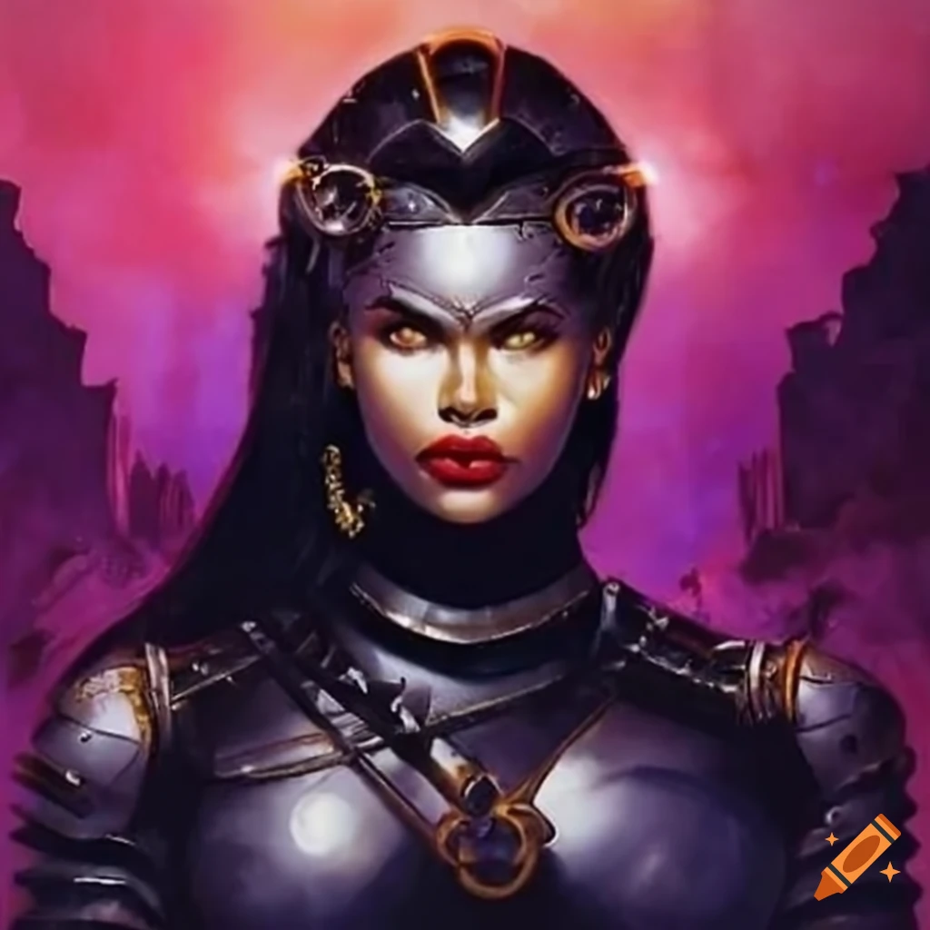 Elegant ebony-skinned goddess in black leather armor with a gleaming ...