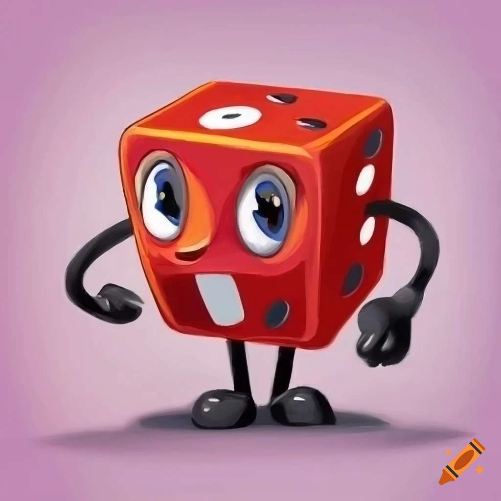 Cartoon dice character in an oil painting on Craiyon
