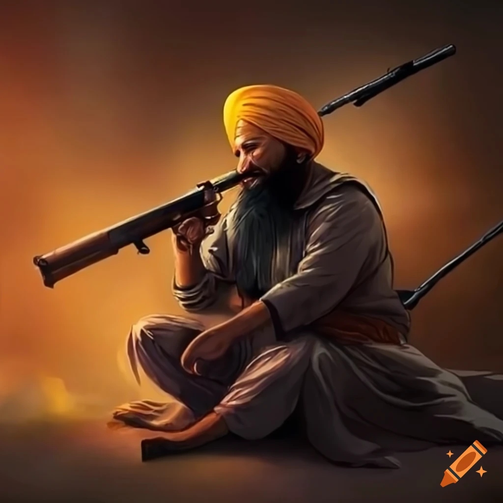 Sikh warriors resting with a gun on Craiyon