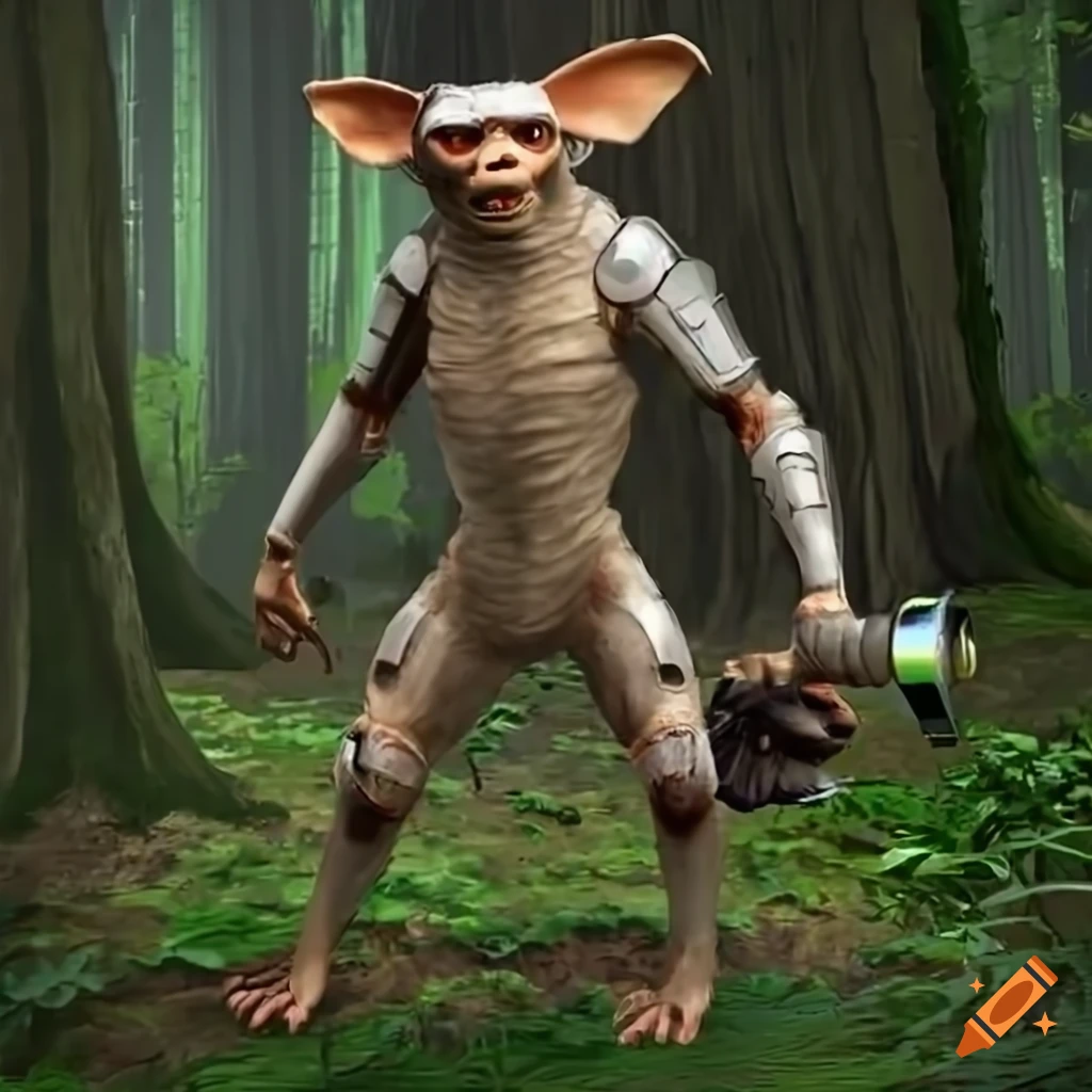 Fantastical gremlin-monkey hybrid with a futuristic megaphone in a ...