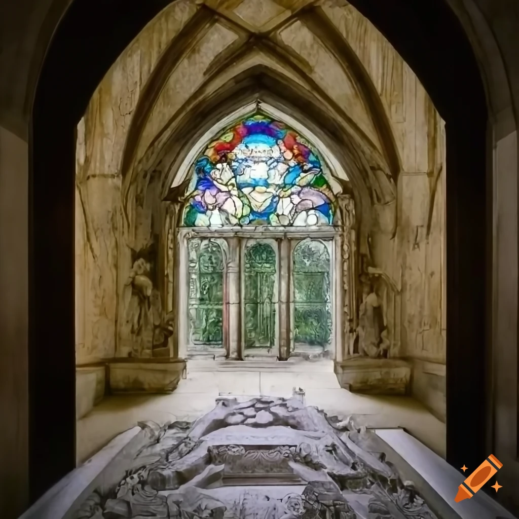 Stained glass window and sarcophagus in an old mausoleum on Craiyon