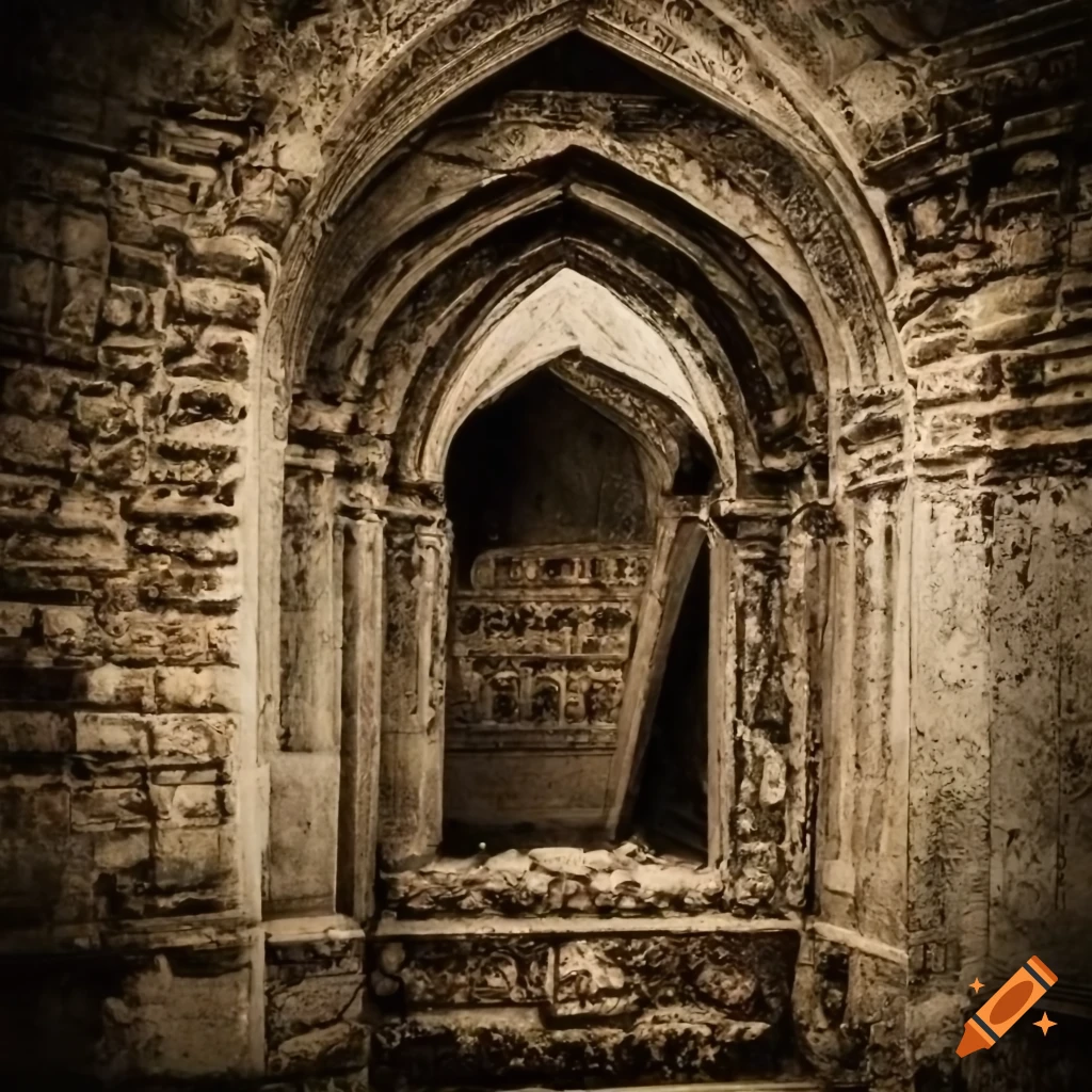 Interior of a small old mausoleum on Craiyon