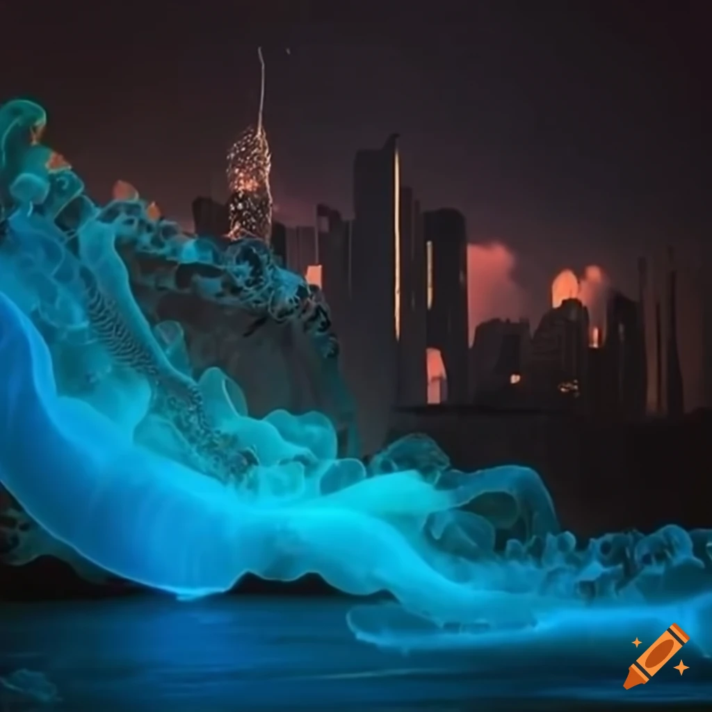 Colorful underwater city under attack by bioluminescent jellyfish on Craiyon