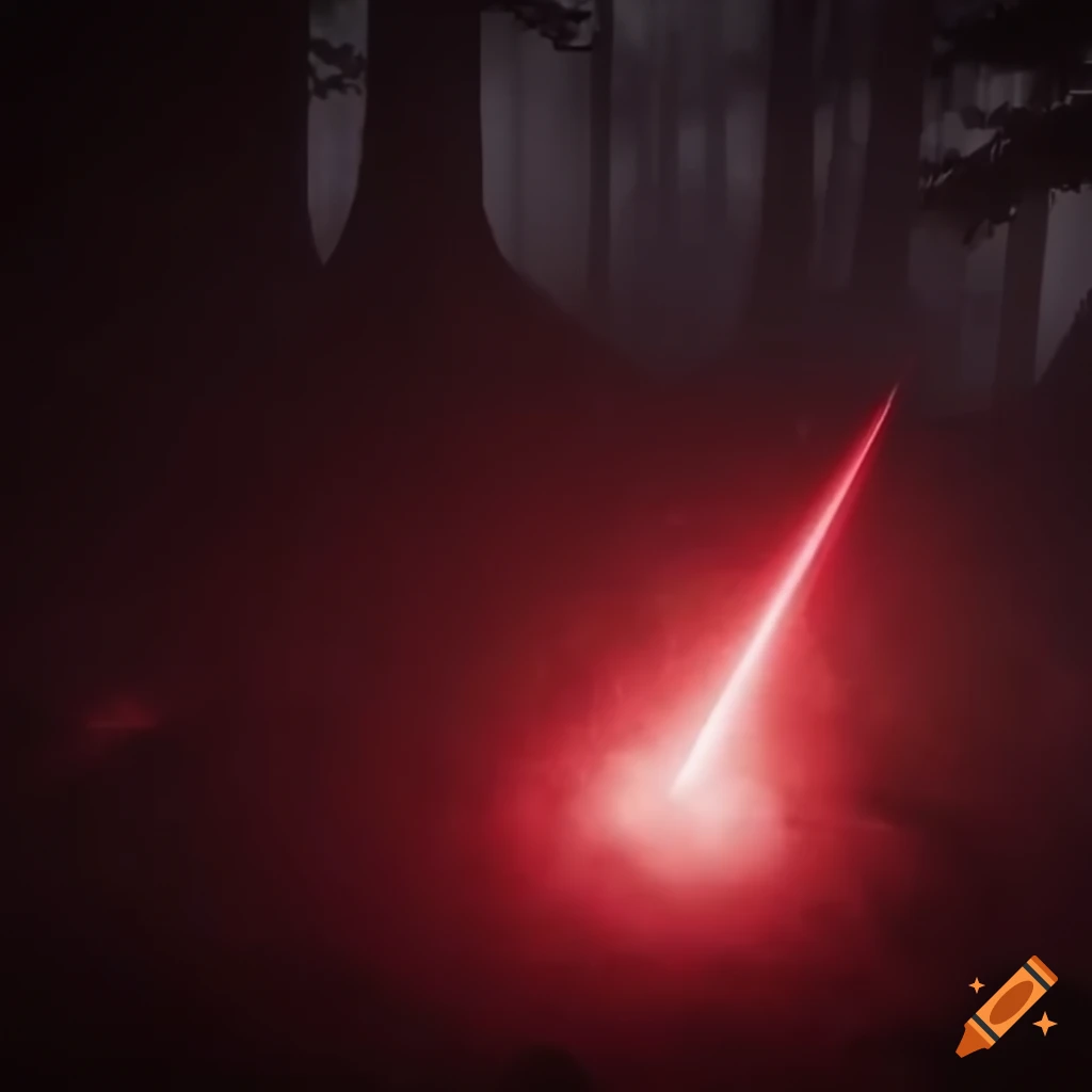 Red and white laser spark beam in a forest with fog on Craiyon