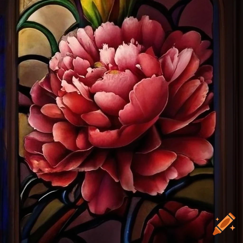 Realistic peony in a gothic church window glass painting with intricate ...