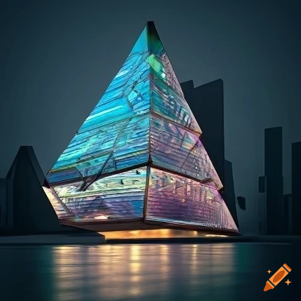 Futuristic building merging metal mesh and wood with water reflections ...